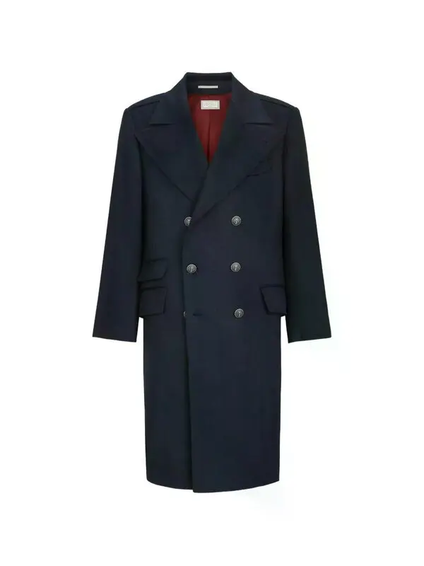Brunello Cucinelli Cashmere Chevron Flannel Double-breasted Coat With Peak Lapels - Blue