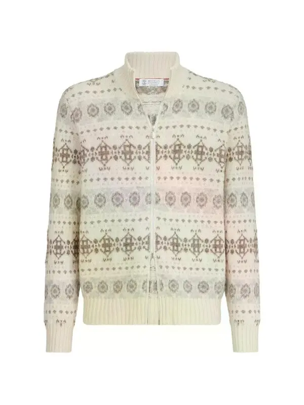 Brunello Cucinelli Pure Cashmere High-neck Jacquard Zip-up Cardigan - Neutrals