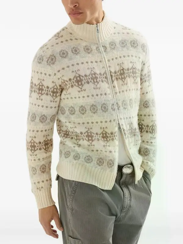 Brunello Cucinelli Cashmere Jacquard High-neck Zip Cardigan