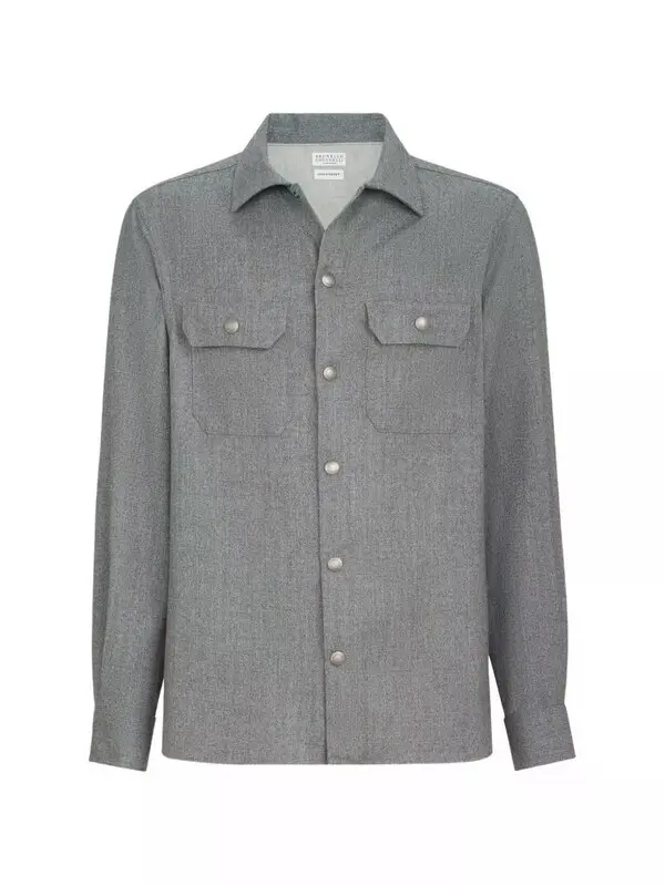 Brunello Cucinelli Virgin Wool Flannel Overshirt With Spread Collar And Chest Pockets - Grey