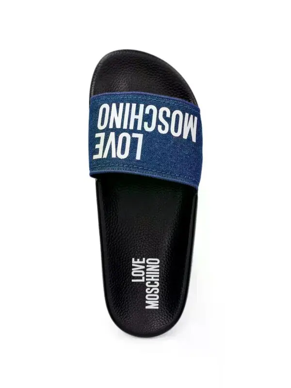Moschino Logo Print Denim Slides - Blue