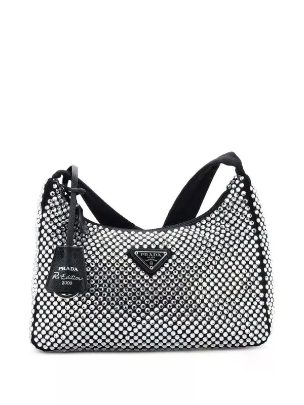 Prada Re-edition 2000 Crystal Embellished Satin Mini Hobo Bag - Black