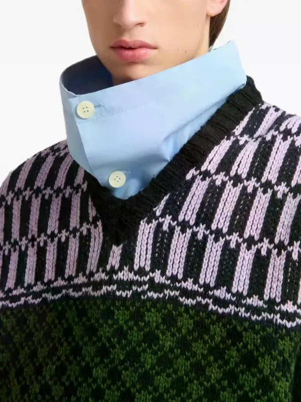 Marni Jacquard-knit Geometric Motif V-neck Sweater - Green