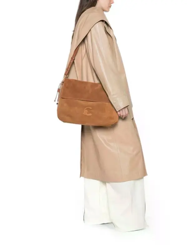 COCCINELLE Suede Shoulder Bag With Embroidered Logo - Brown