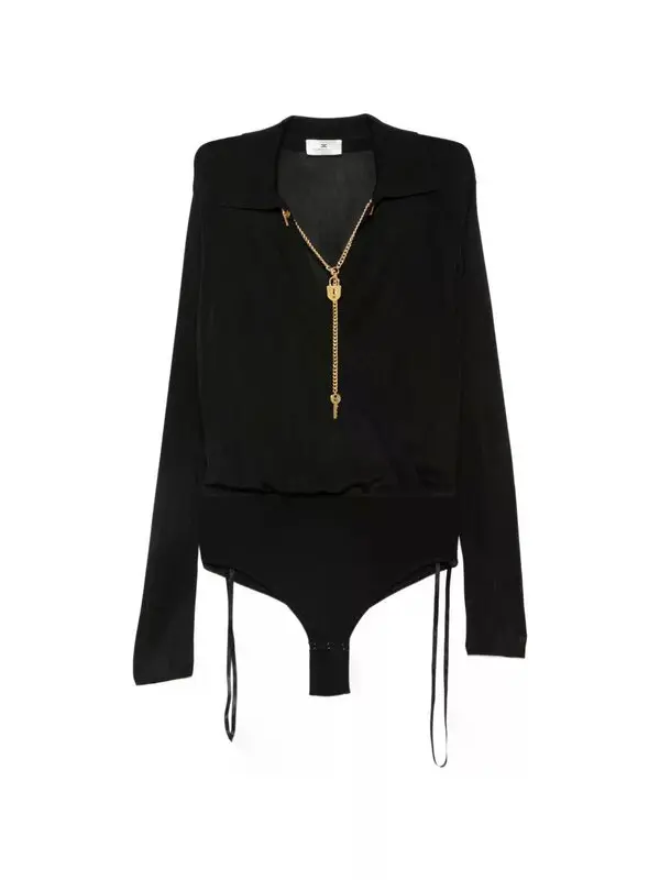Elisabetta Franchi Ribbed Bodysuit With Gold-tone Chain Detail - Black