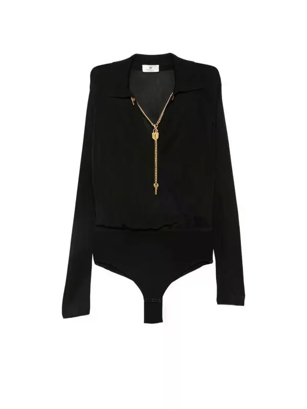 Elisabetta Franchi Ribbed Bodysuit With Gold-tone Chain Detail - Black