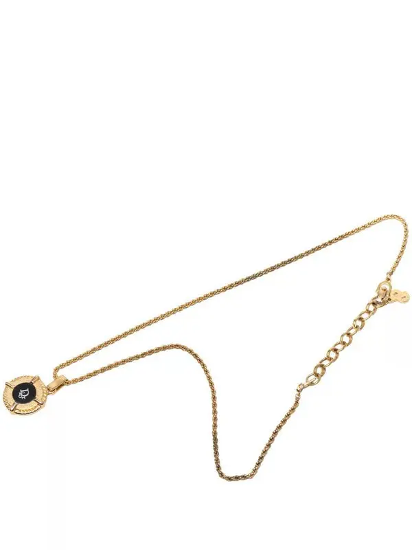 Dior 20th Century Gold-plated Enamel Logo Round Pendant Necklace - Black