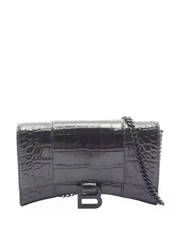 Balenciaga Shiny Calfskin Crocodile Embossed Hourglass Wallet On Chain Crossbody Bag - Black