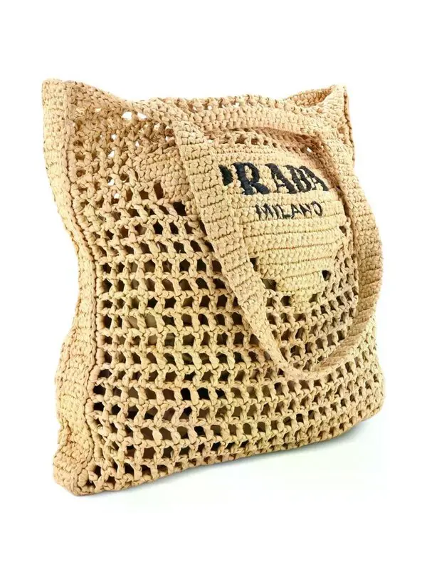 Prada Triangle Logo Open Raffia Tote Bag - Neutrals