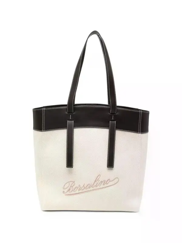 Borsalino Logo Embroidered Contrast Trim Tote Bag - Neutrals