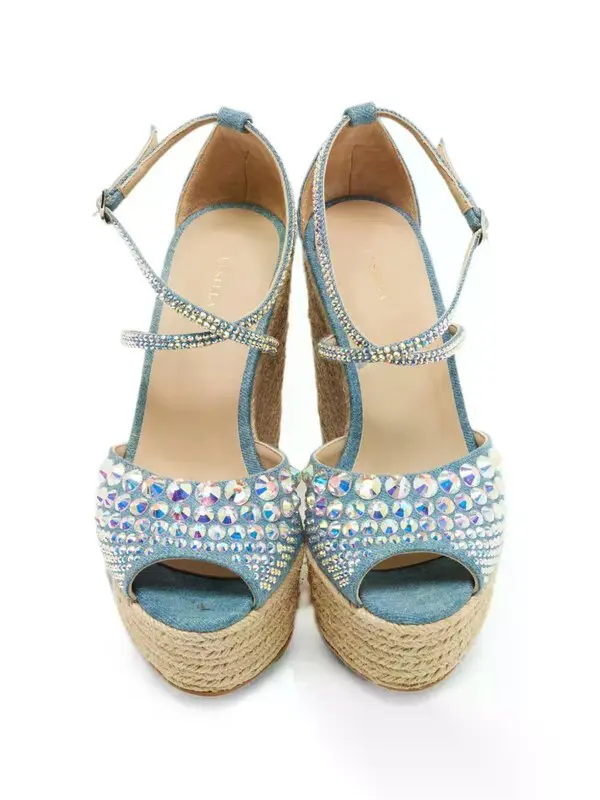 LE SILLA Embellished Denim Wedge Sandals - Blue