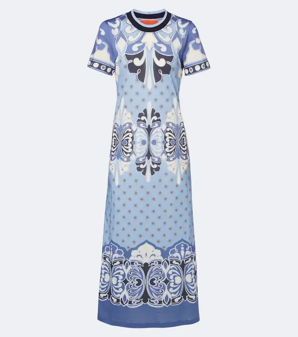 La DoubleJ Sporty Swing Printed Cotton Jersey Midi Dress - Blue