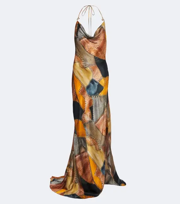 Roberto Cavalli Draped Printed Silk Satin Maxi Dress - Multicoloured