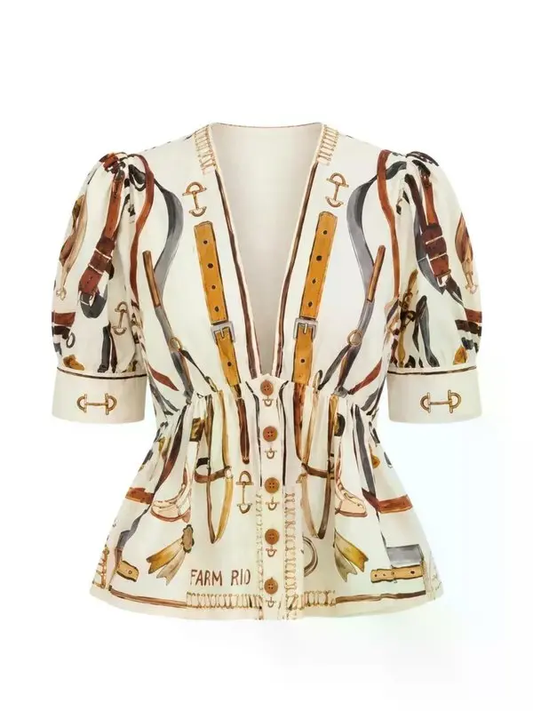 Farm Rio Equestrian-print Puff-sleeve Blouse - Neutrals