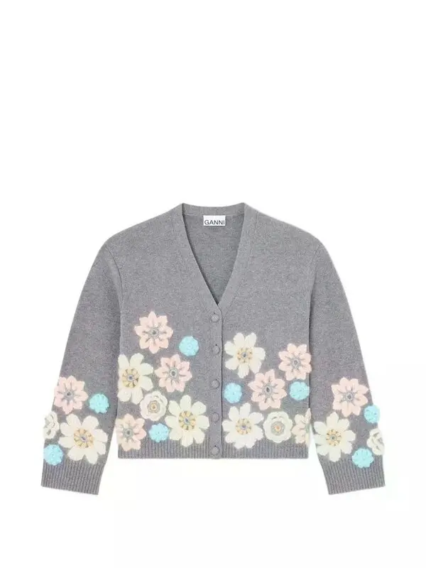 GANNI Floral-applique Knit Cardigan - Grey