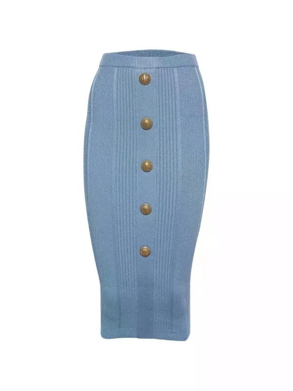 Balmain Rib-knit Button-embellished Fitted Midi Skirt - Blue