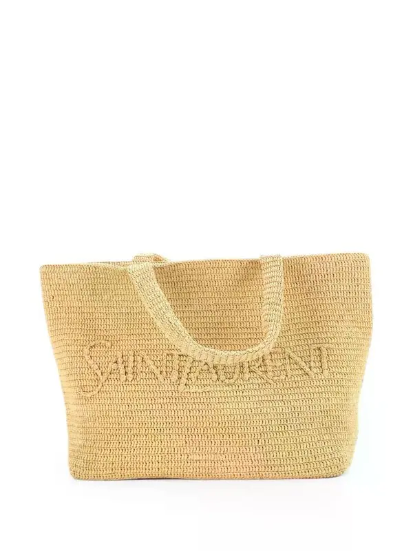 Saint Laurent Logo Supple Embroidered Raffia Tote Bag - Neutrals