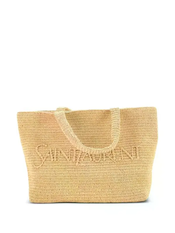 Saint Laurent Logo Supple Embroidered Raffia Tote Bag - Neutrals