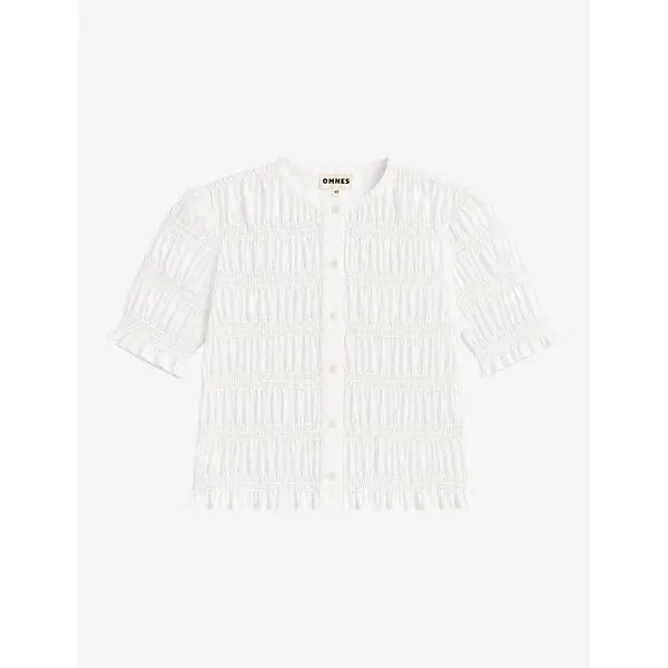 OMNES Burke Shirred Button-down Cotton Top - White