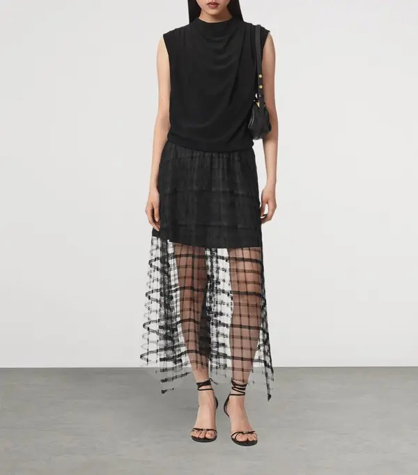 ALLSAINTS Sheer Overlay Celia Midi Skirt - Black
