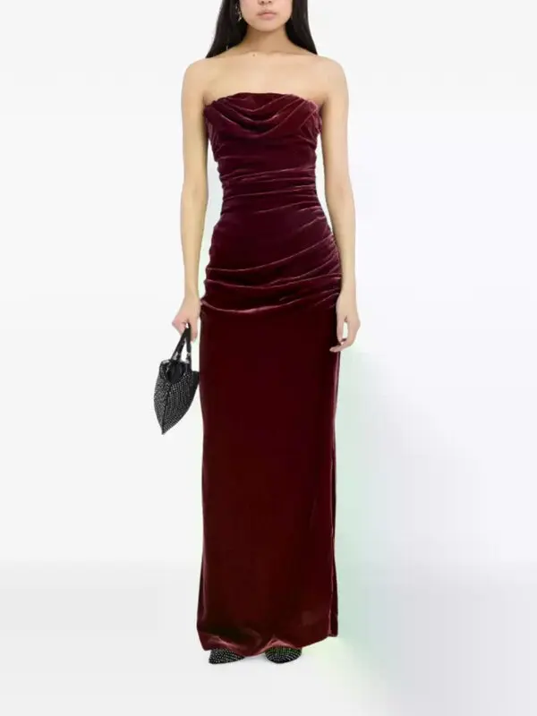 ROTATE BY BIRGER CHRISTENSEN Silk Velvet Ruched Strapless Maxi Dress - Red