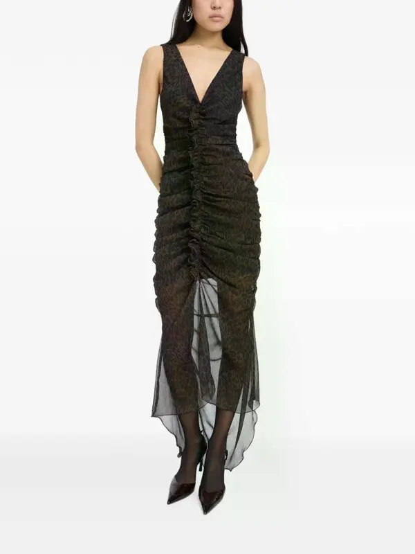 ROTATE BY BIRGER CHRISTENSEN Sleeveless V-neck Ruched Leopard Midi Dress