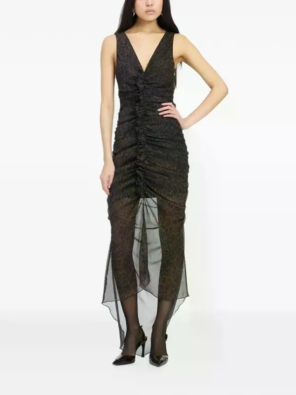 ROTATE BY BIRGER CHRISTENSEN Sleeveless V-neck Ruched Leopard Midi Dress