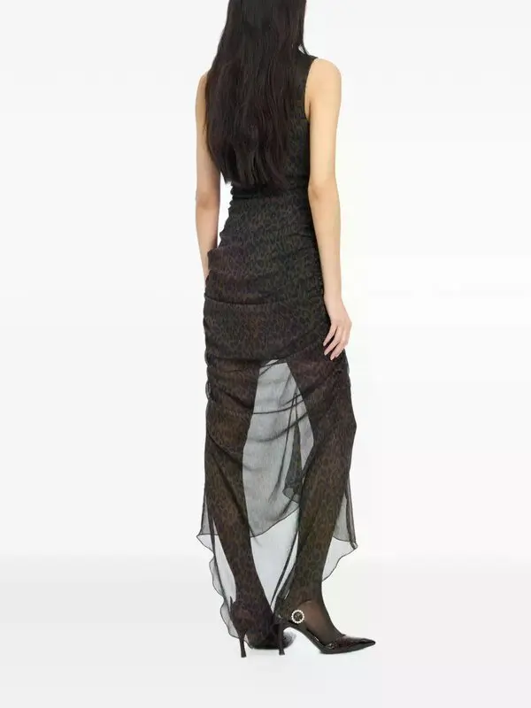 ROTATE BY BIRGER CHRISTENSEN Sleeveless V-neck Ruched Leopard Midi Dress
