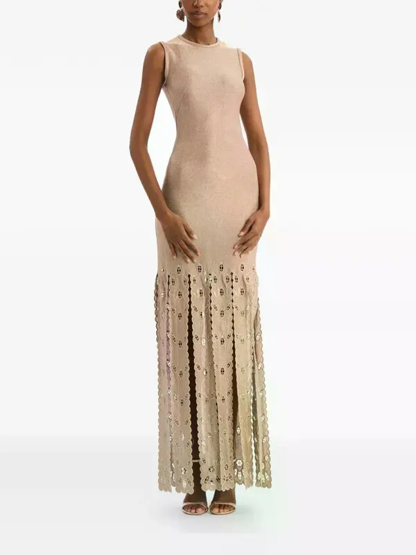 Oscar De La Renta Sleeveless Jewel Neck Metallic Jersey Pineapple Fringe Maxi Dress
