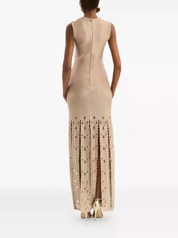 Oscar De La Renta Sleeveless Jewel Neck Metallic Jersey Pineapple Fringe Maxi Dress