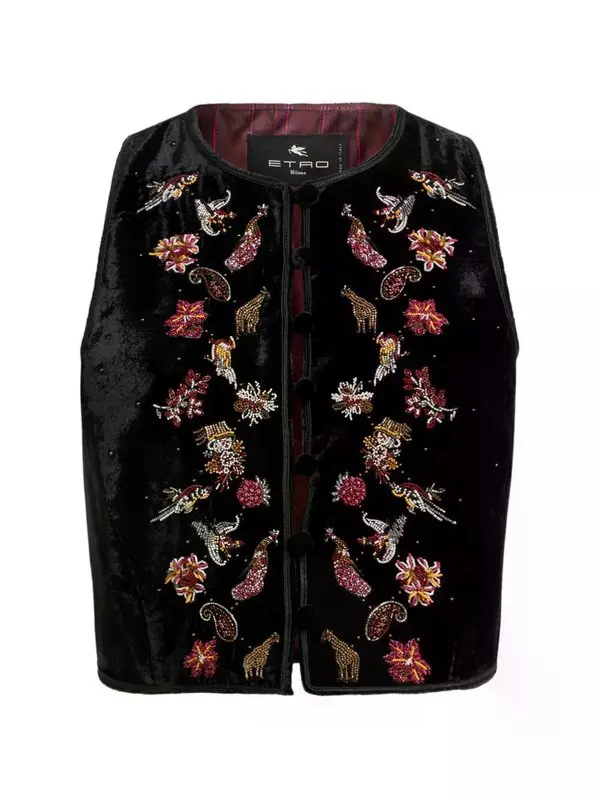 Etro Cropped Velvet Waistcoat With Embroidery And Beads - Black