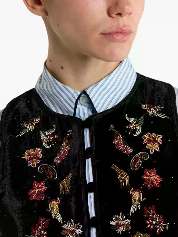 Etro Cropped Velvet Waistcoat With Embroidered And Beaded Animal Motifs