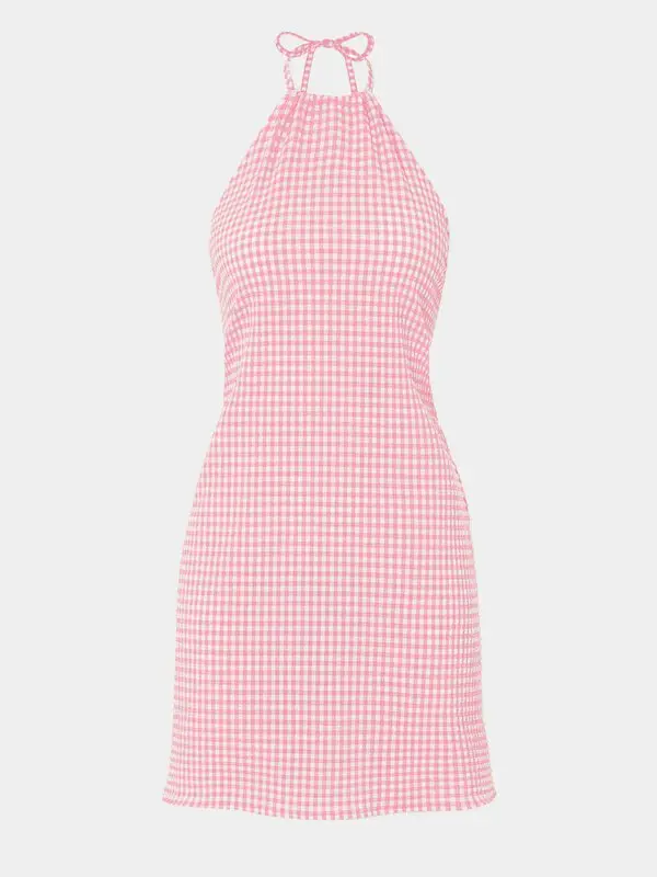 Hunza G Gingham Seersucker Halter Neck Mini Dress - Milkshake Gingham