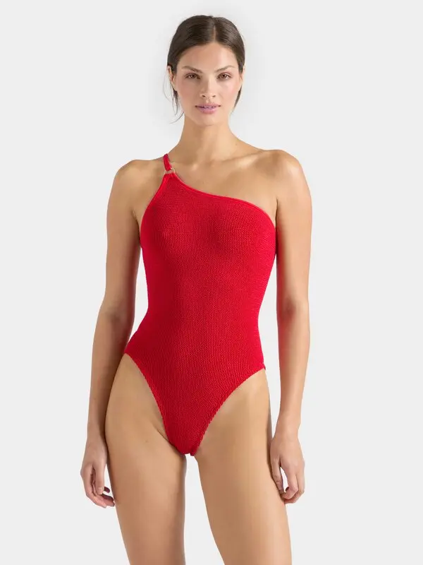 Hunza G Clara One-shoulder Swimsuit With Gold Hoop Detail - Red