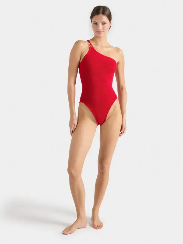 Hunza G Clara One-shoulder Swimsuit With Gold Hoop Detail - Red
