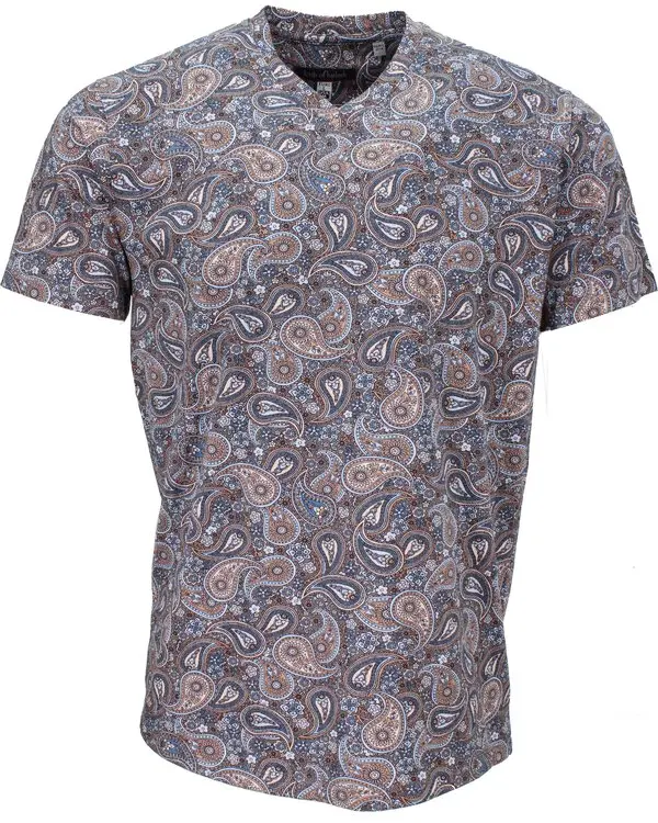 LORDS OF HARLECH Neutrals / Maze Trippy Paisley V-neck Tee - Grey