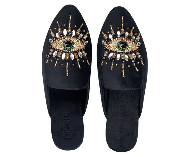 FUCHSIA SHOES The Good Eye Vegan Handmade Crystal Embroidery Mules - Black