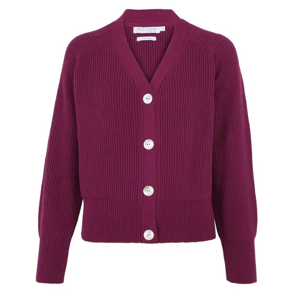 PAUL JAMES KNITWEAR Cotton Tilda Oversized V Neck Ribbed Cardigan - Red