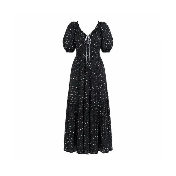 ROSE & NANCY Eloise Blue Spot Print Cotton Crinkle Maxi Dress - Black