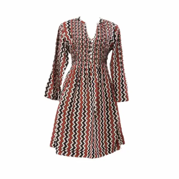 WILD ROSE Poa Chevron Cotton Hand Block Print Dress - Black