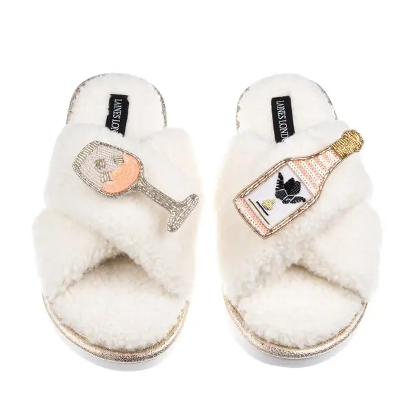 LAINES LONDON Neutrals / Laines Neutral Boucle Slippers With Angelic Rose Wine Brooches Cream - White