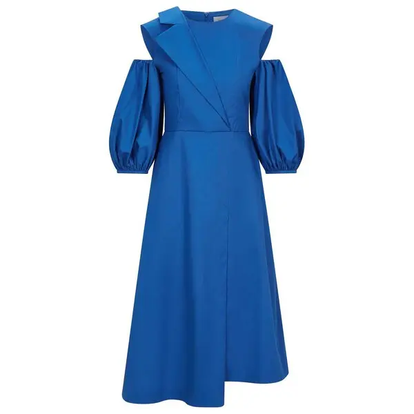 FEMPONIQ Asymmetric Lapel A-line Cotton Dress Sapphire - Blue