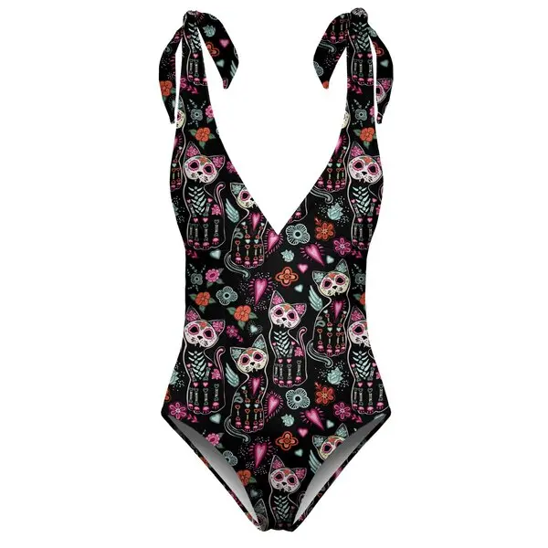 ALOHA FROM DEER Cat Skeleton One Piece Swimsuit - Black/pink