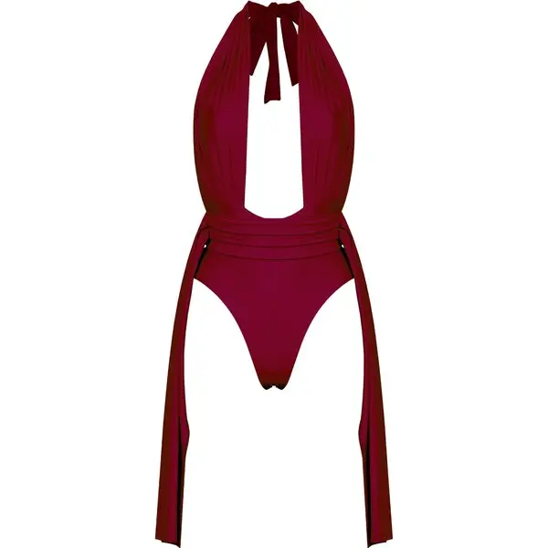 ANTONINIAS Plonger Deep Plunge Halter Neck Swimsuit With Decorative Belt In Burgundy - Red