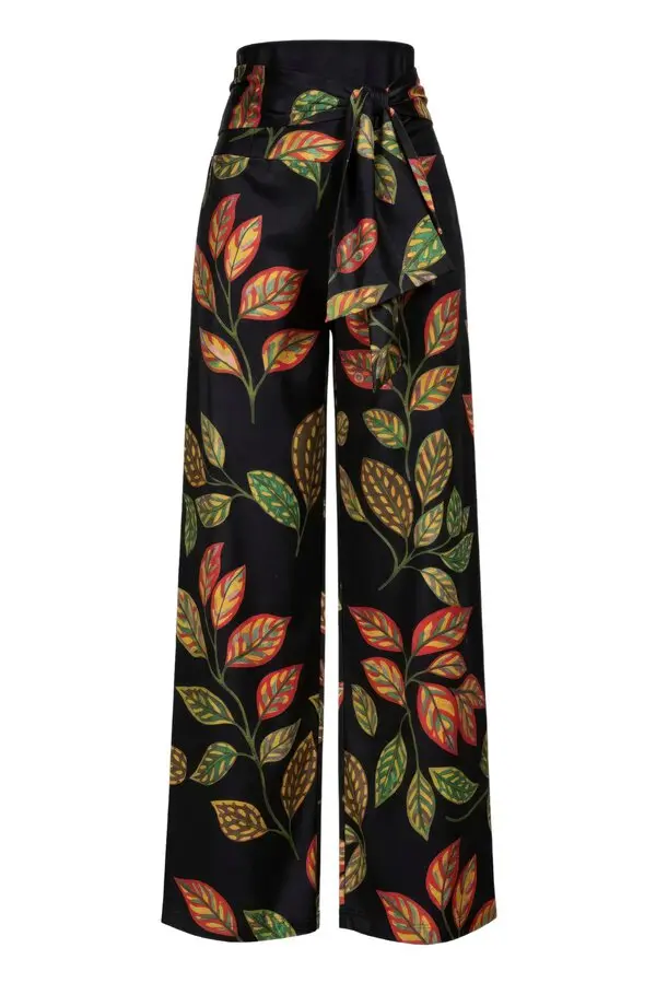 MARIANNA DÉRI Wide-leg Trousers With Leaf Print And Tie Belt - Black