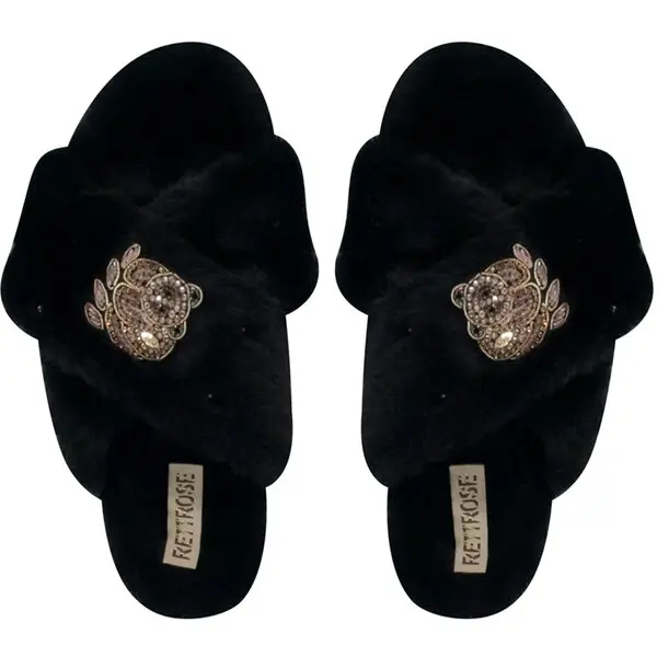 RETTROSE Ember Luxury Plush Diamanté Embellished Handmade Slipper - Black
