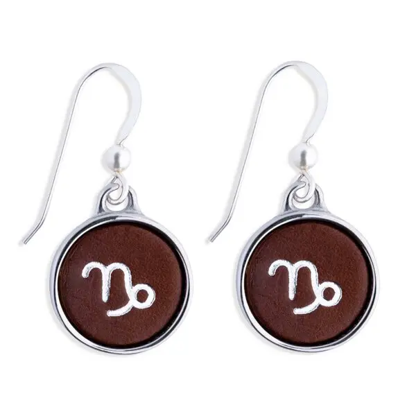 N'DAMUS LONDON Silver / Brown Zodiac Capricorn Brown Leather Earrings - Silver/brown