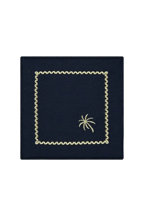 ROUMÉLIE ORIENTALE Navy Embroidered Cocktail Napkin Set Of 4 “navy Palm Charm - Blue