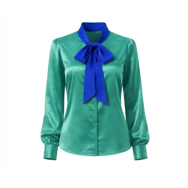 FREAK VAULT Green / Blue Emerald Pussy Bow Satin Blouse - Green/blue