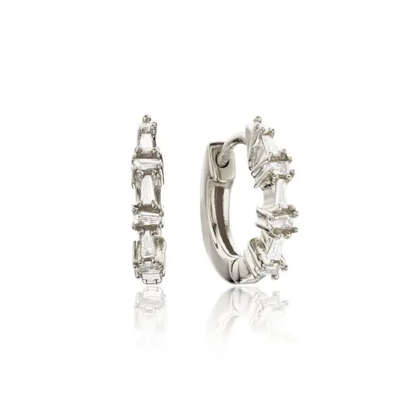 LILY & ROO Small Baguette Diamond Style Huggie Hoop Earrings - Silver